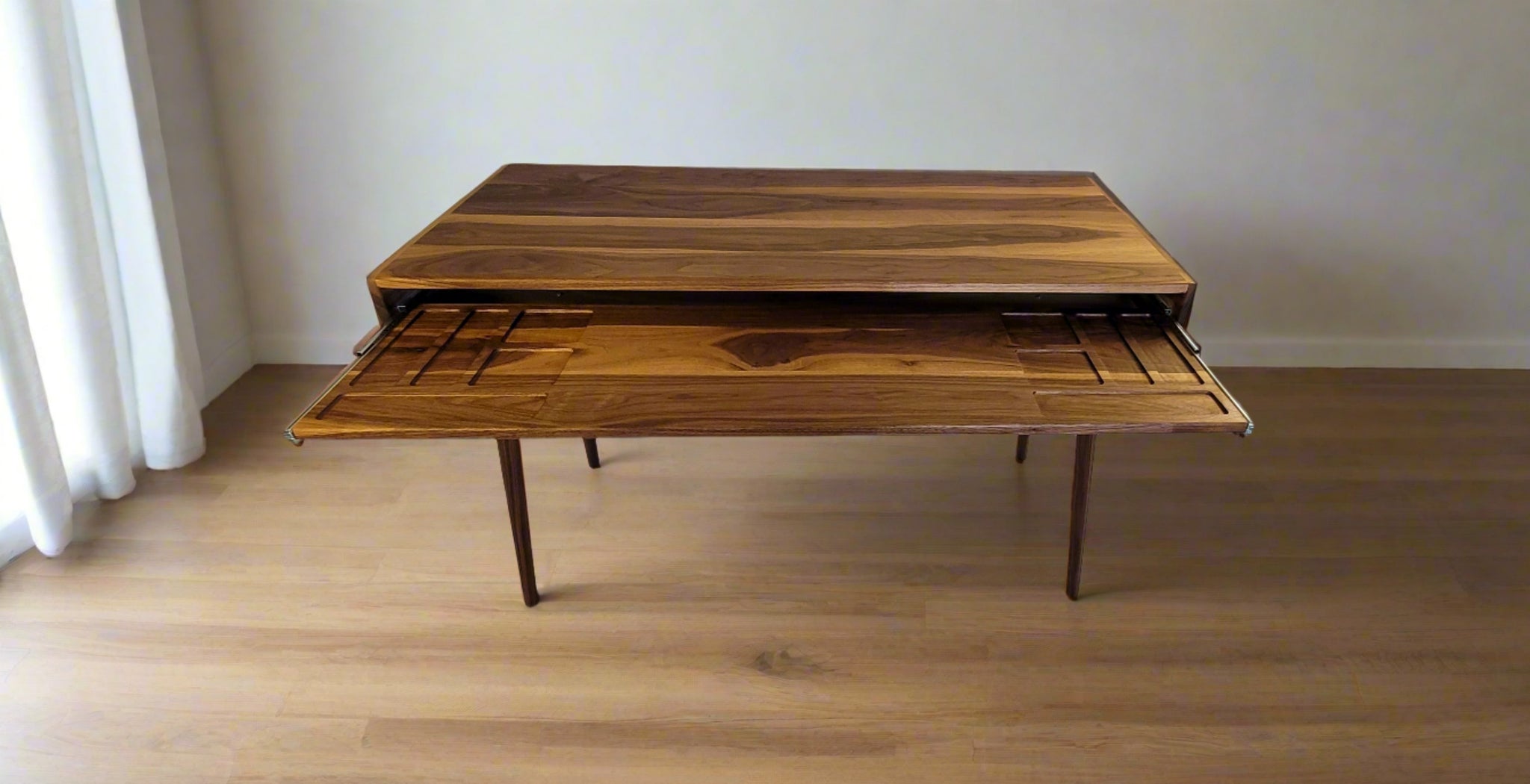 Mid-century Walnut Desk w/ carved keyboard shelf | Curly Woods
