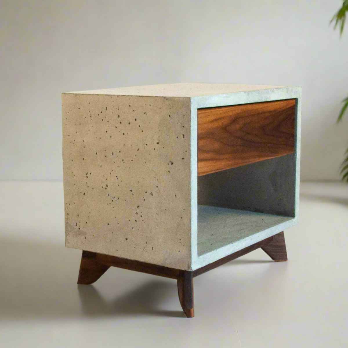Concrete Cube Nightstand w/ Solid Walnut Drawer | Curly Woods